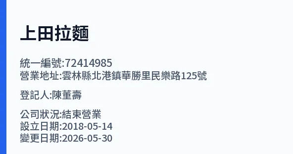 上田拉麵的照片-統編 72414985(雲林縣) 公司登記資料與營業項目詳細圖表