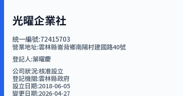 光曜企業社的照片-統編 72415703(雲林縣) 公司登記資料與營業項目詳細圖表