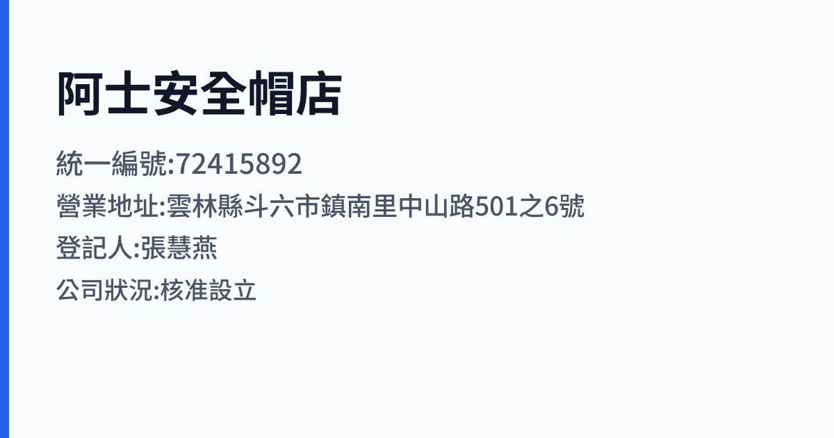 阿士安全帽店 - 統編 72415892(雲林縣) 公司登記資料與營業項目詳細圖表