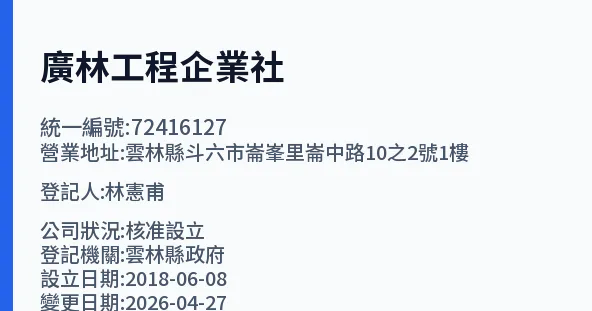 廣林工程企業社的照片-統編 72416127(雲林縣) 公司登記資料與營業項目詳細圖表