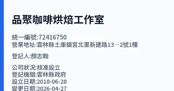 品聚咖啡烘焙工作室的照片-統編 72416750(雲林縣) 公司登記資料與營業項目詳細圖表