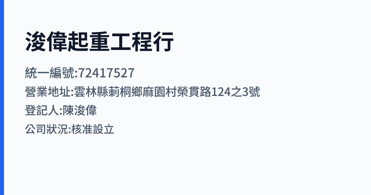 浚偉起重工程行 - 統編 72417527(雲林縣) 公司登記資料與營業項目詳細圖表