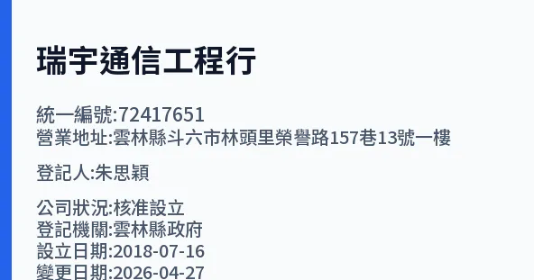 瑞宇通信工程行的照片-統編 72417651(雲林縣) 公司登記資料與營業項目詳細圖表