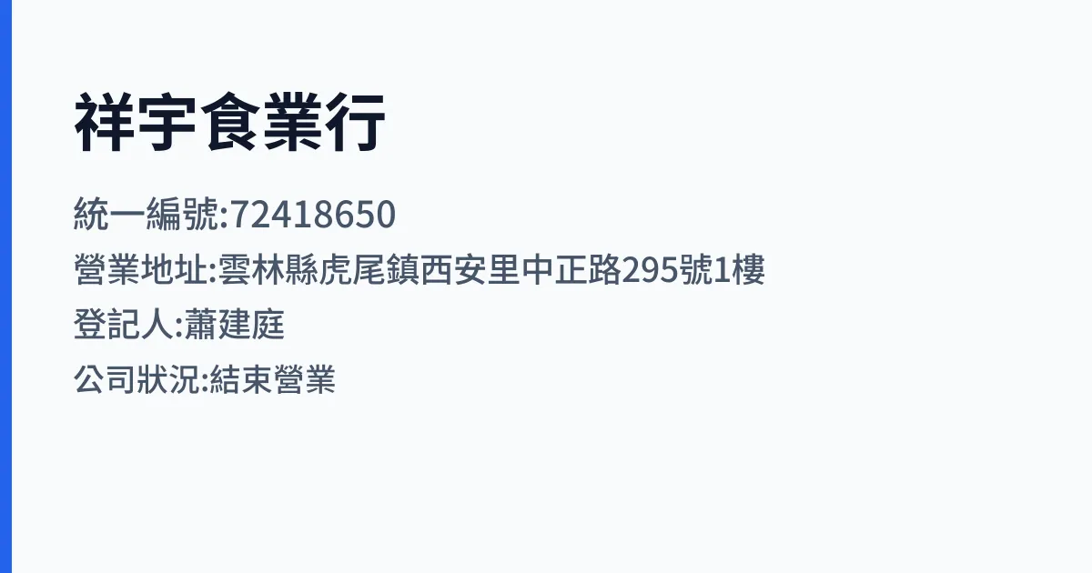 祥宇食業行 - 統編 72418650(雲林縣) 公司登記資料與營業項目詳細圖表