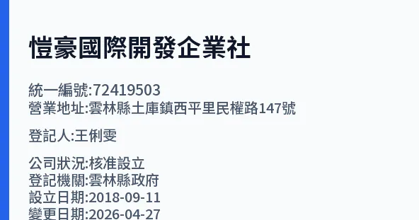 愷豪國際開發企業社的照片-統編 72419503(雲林縣) 公司登記資料與營業項目詳細圖表