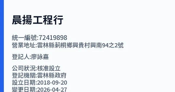 晨揚工程行的照片-統編 72419898(雲林縣) 公司登記資料與營業項目詳細圖表