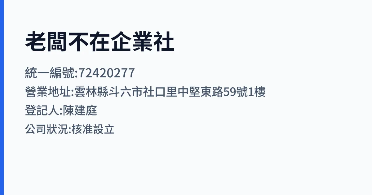 老闆不在企業社 - 統編 72420277(雲林縣) 公司登記資料與營業項目詳細圖表
