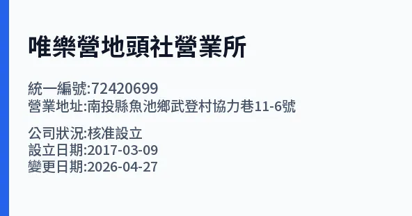 唯樂營地頭社營業所的照片-統編 72420699(南投縣) 公司登記資料與營業項目詳細圖表