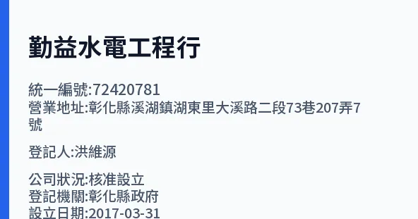 勤益水電工程行的照片-統編 72420781(彰化縣) 公司登記資料與營業項目詳細圖表