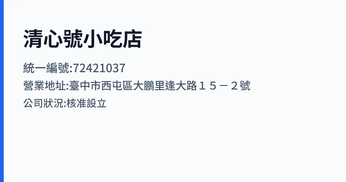 清心號小吃店 - 統編 72421037(臺中市) 公司登記資料與營業項目詳細圖表