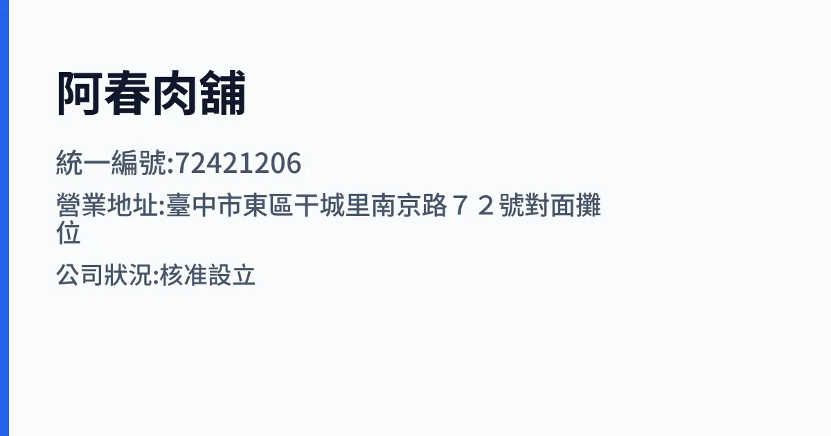 阿春肉舖 - 統編 72421206(臺中市) 公司登記資料與營業項目詳細圖表