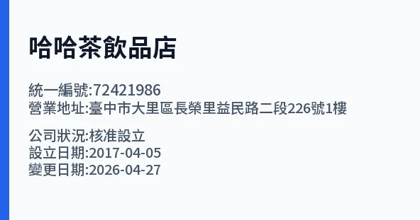 哈哈茶飲品店的照片-統編 72421986(臺中市) 公司登記資料與營業項目詳細圖表