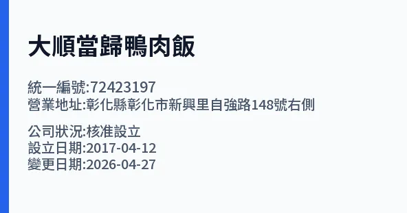 大順當歸鴨肉飯的照片-統編 72423197(彰化縣) 公司登記資料與營業項目詳細圖表