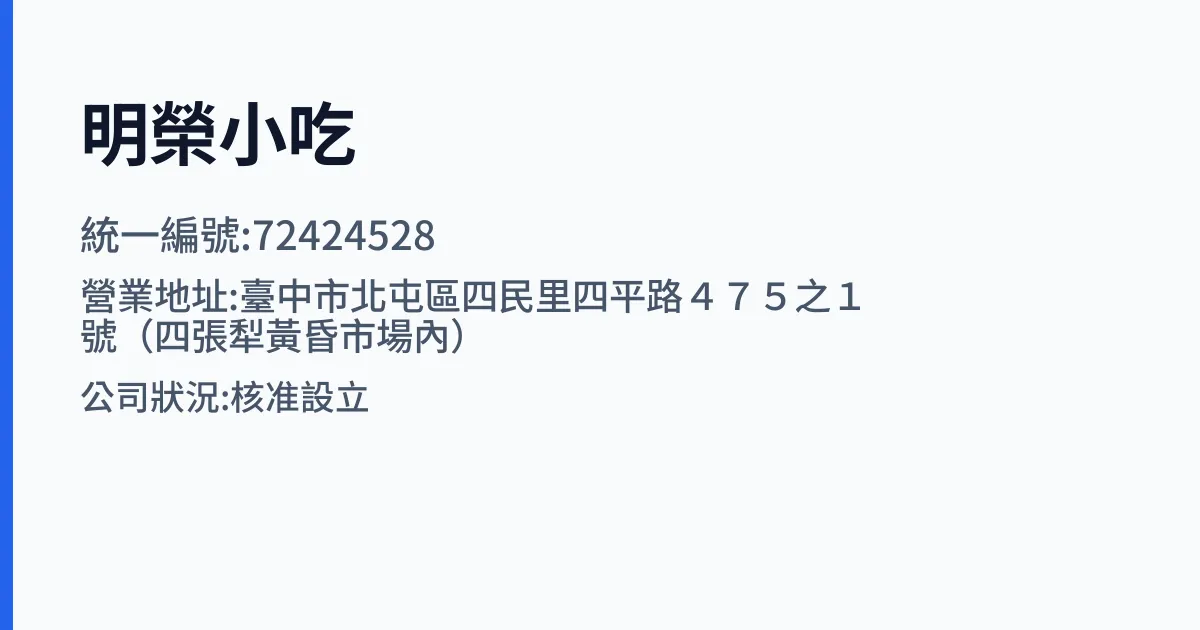 明榮小吃 - 統編 72424528(臺中市) 公司登記資料與營業項目詳細圖表