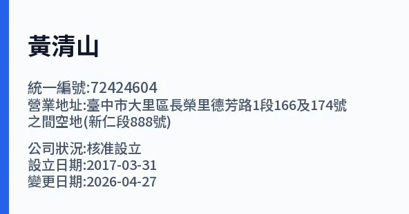 黃清山的照片-統編 72424604(臺中市) 公司登記資料與營業項目詳細圖表