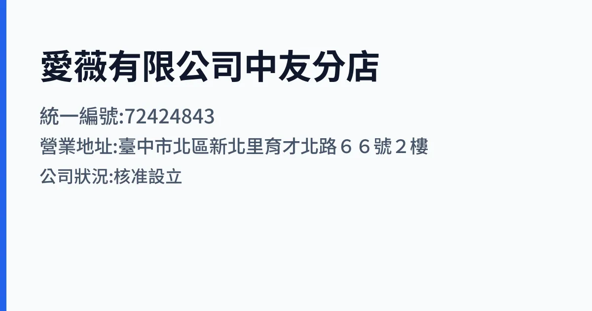 愛薇有限公司中友分店 - 統編 72424843(臺中市) 公司登記資料與營業項目詳細圖表
