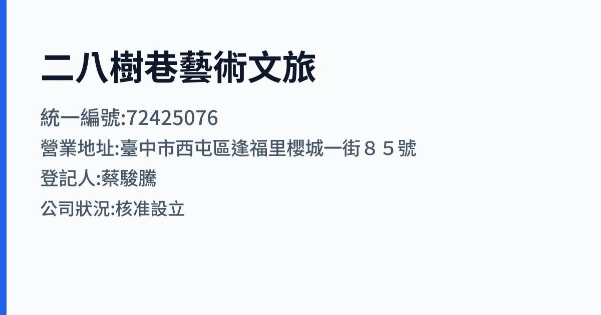 二八樹巷藝術文旅 - 統編 72425076(臺中市) 公司登記資料與營業項目詳細圖表