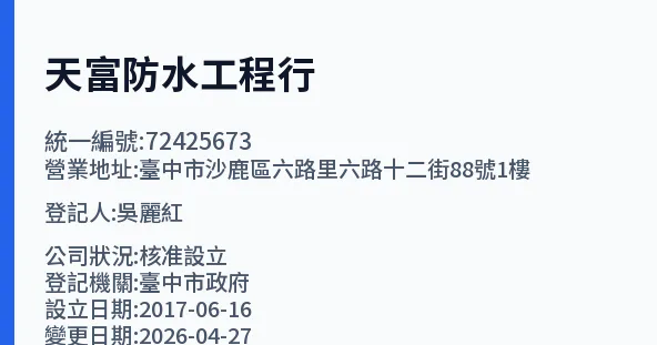 天富防水工程行的照片-統編 72425673(臺中市) 公司登記資料與營業項目詳細圖表