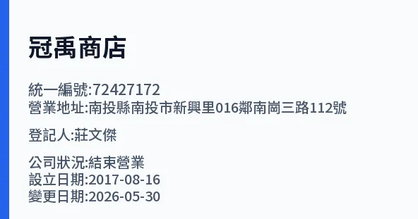冠禹商店的照片-統編 72427172(南投縣) 公司登記資料與營業項目詳細圖表