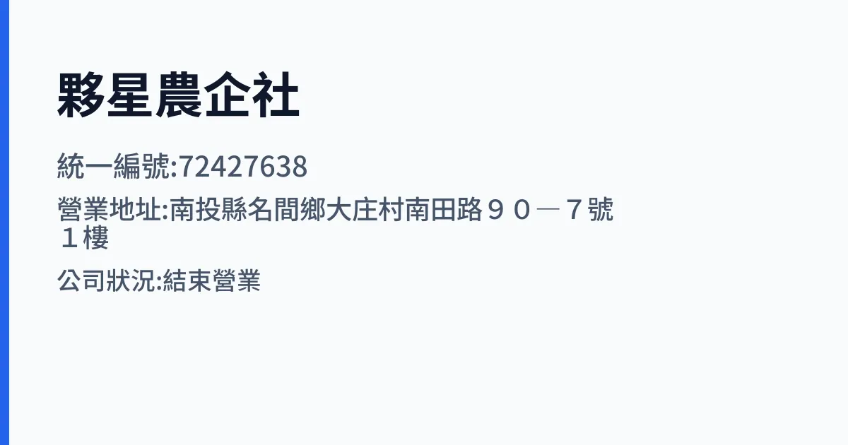 夥星農企社 - 統編 72427638(南投縣) 公司登記資料與營業項目詳細圖表