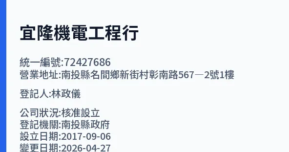 宜隆機電工程行的照片-統編 72427686(南投縣) 公司登記資料與營業項目詳細圖表