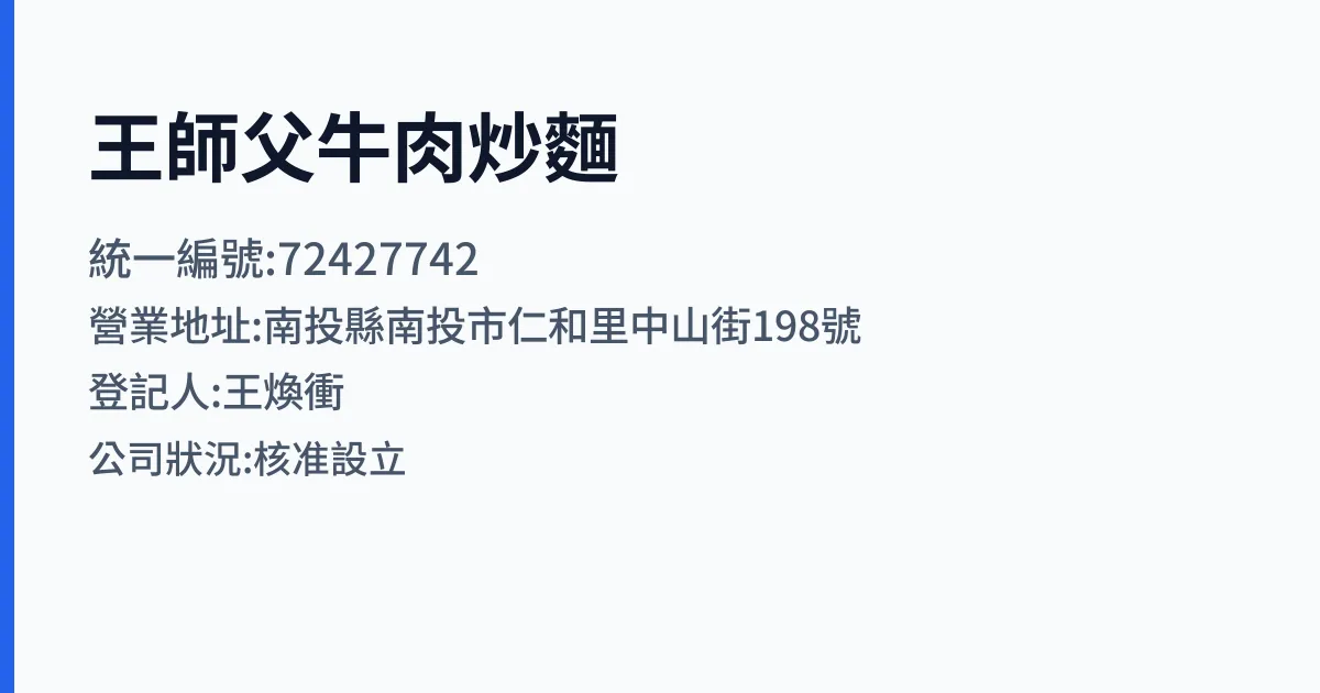王師父牛肉炒麵 - 統編 72427742(南投縣) 公司登記資料與營業項目詳細圖表