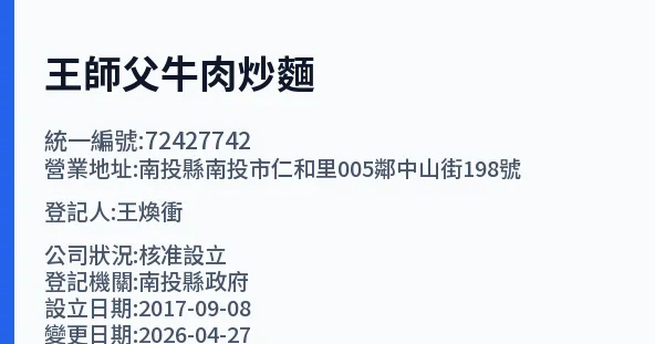 王師父牛肉炒麵的照片-統編 72427742(南投縣) 公司登記資料與營業項目詳細圖表