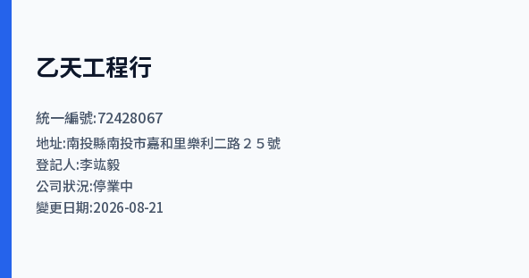 乙天工程行的照片-統編 72428067(南投縣) 公司登記資料與營業項目詳細圖表