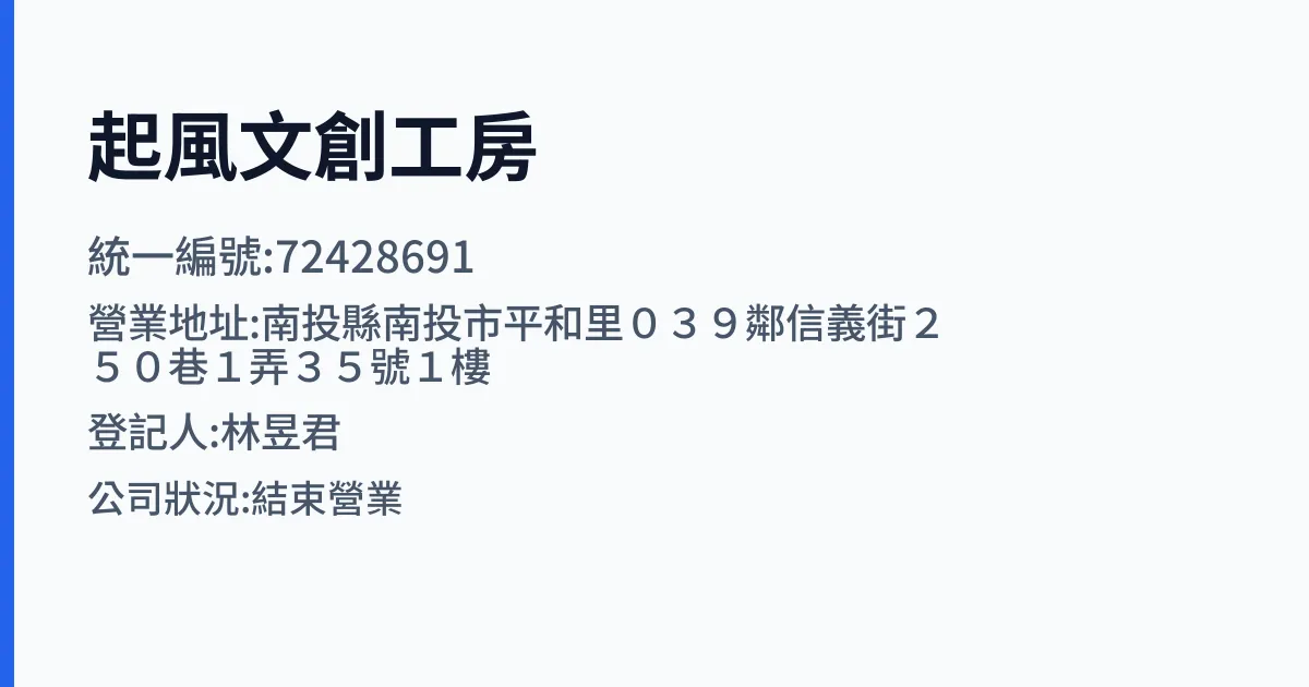 起風文創工房 - 統編 72428691(南投縣) 公司登記資料與營業項目詳細圖表