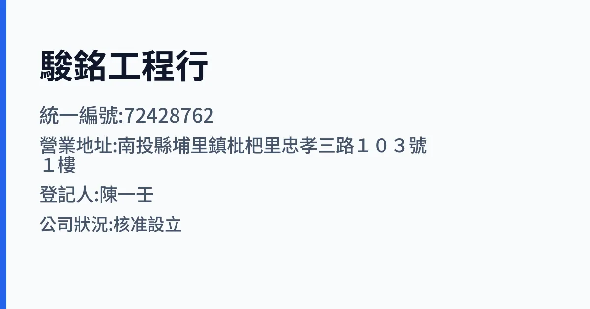 駿銘工程行 - 統編 72428762(南投縣) 公司登記資料與營業項目詳細圖表