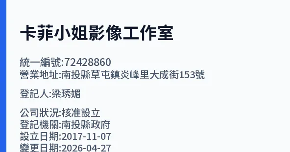 卡菲小姐影像工作室的照片-統編 72428860(南投縣) 公司登記資料與營業項目詳細圖表