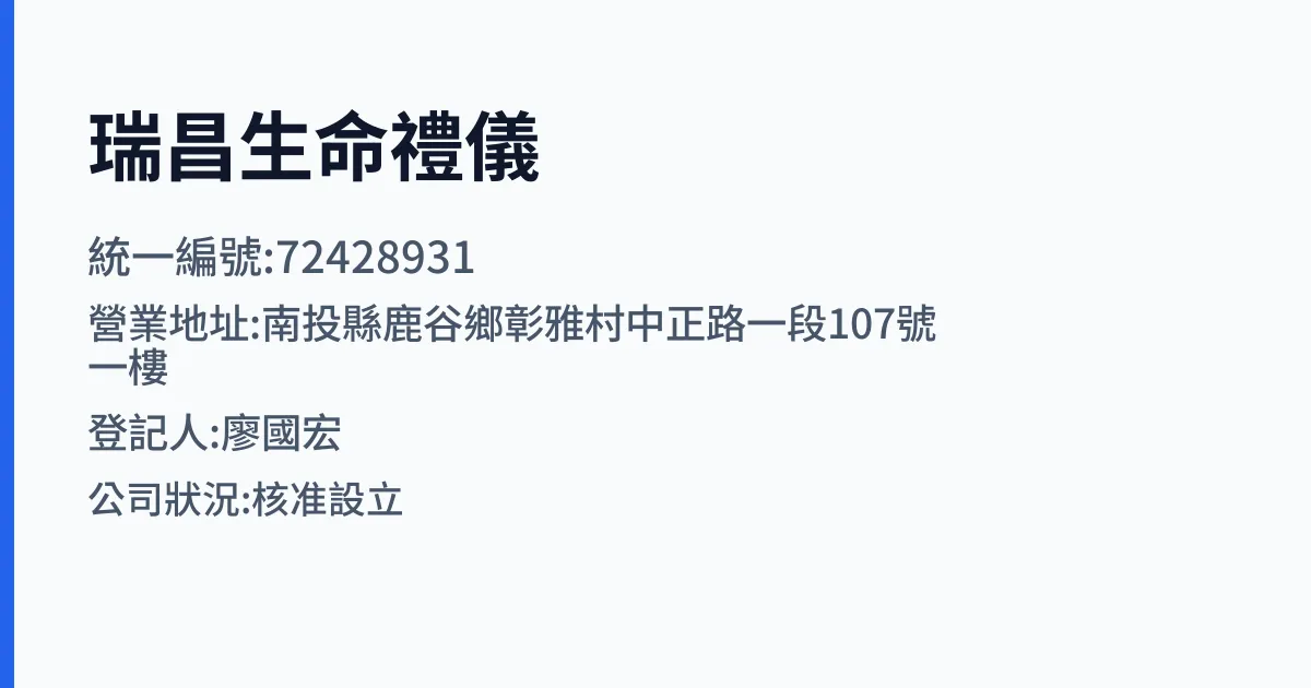 瑞昌生命禮儀 - 統編 72428931(南投縣) 公司登記資料與營業項目詳細圖表