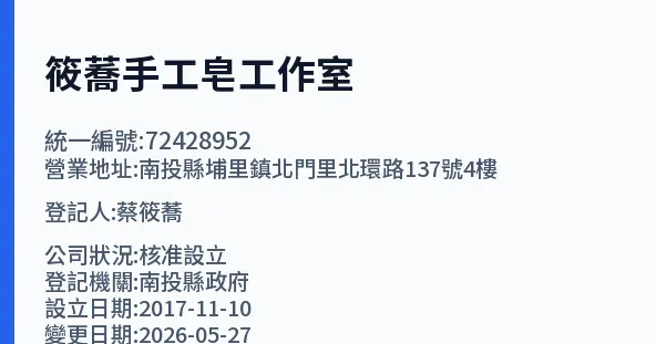 筱蕎手工皂工作室的照片-統編 72428952(南投縣) 公司登記資料與營業項目詳細圖表