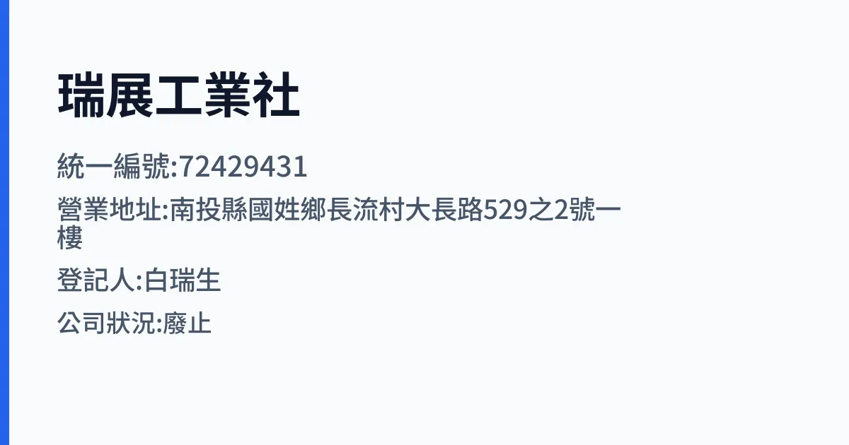 瑞展工業社 - 統編 72429431(南投縣) 公司登記資料與營業項目詳細圖表