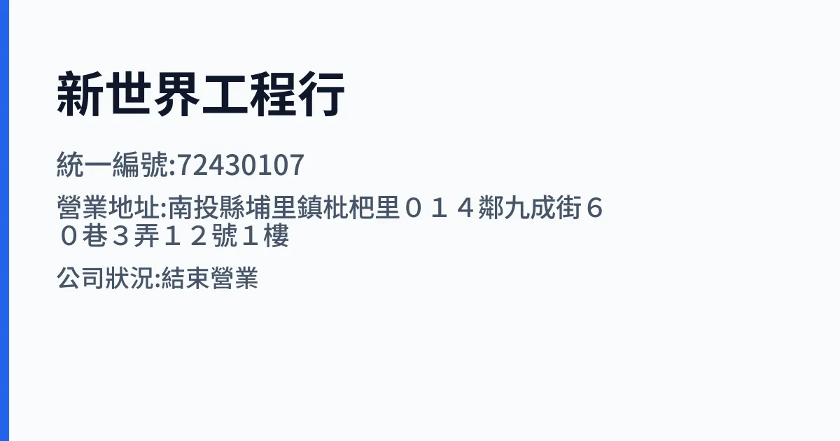 新世界工程行 - 統編 72430107(南投縣) 公司登記資料與營業項目詳細圖表