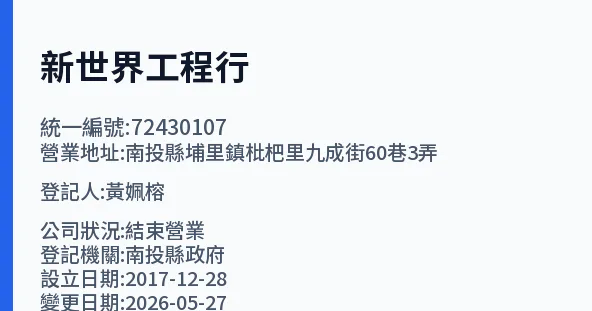 新世界工程行的照片-統編 72430107(南投縣) 公司登記資料與營業項目詳細圖表