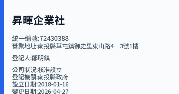昇暉企業社的照片-統編 72430388(南投縣) 公司登記資料與營業項目詳細圖表
