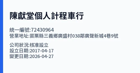 陳獻堂個人計程車行的照片-統編 72430964(苗栗縣) 公司登記資料與營業項目詳細圖表