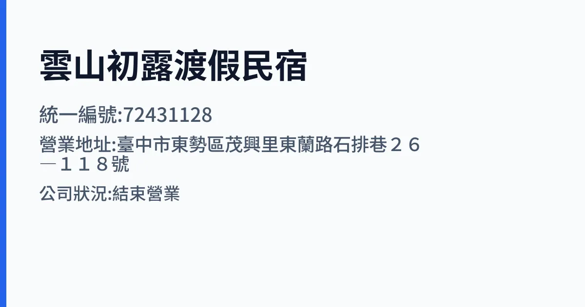 雲山初露渡假民宿 - 統編 72431128(臺中市) 公司登記資料與營業項目詳細圖表