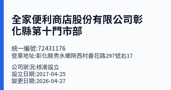 全家便利商店股份有限公司彰化縣第十門市部的照片-統編 72431176(彰化縣) 公司登記資料與營業項目詳細圖表