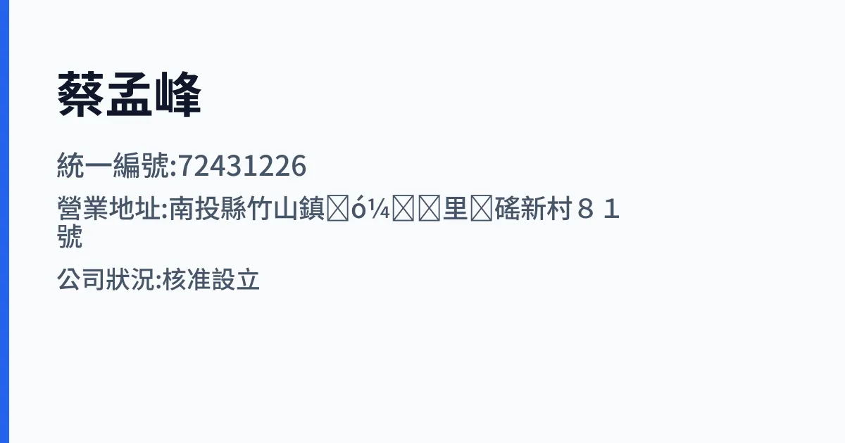 蔡孟峰 - 統編 72431226（南投縣） 公司登記資料與營業項目詳細圖表