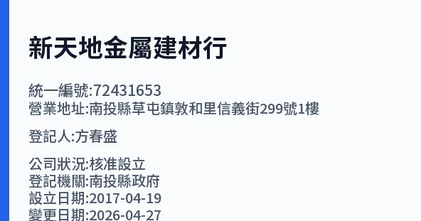 新天地金屬建材行的照片-統編 72431653(南投縣) 公司登記資料與營業項目詳細圖表