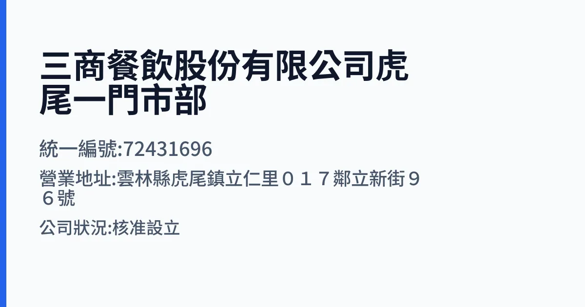 三商餐飲股份有限公司虎尾一門市部 - 統編 72431696(雲林縣) 公司登記資料與營業項目詳細圖表