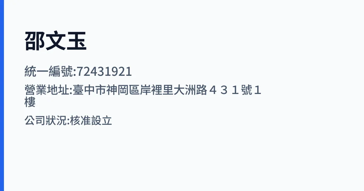 邵文玉 - 統編 72431921(臺中市) 公司登記資料與營業項目詳細圖表