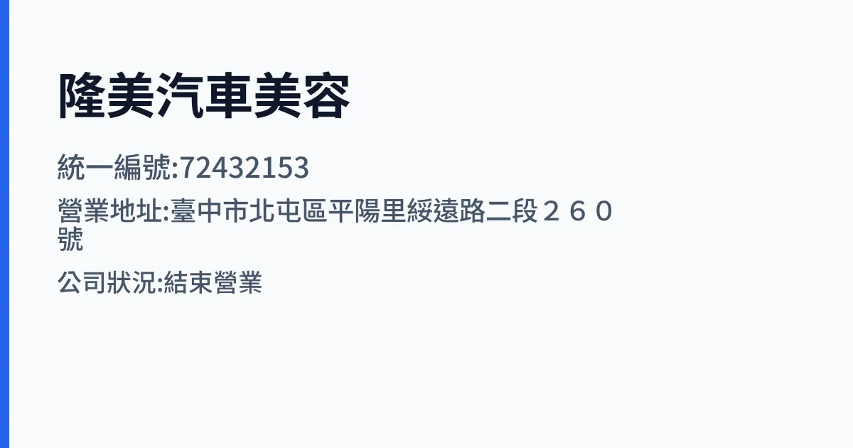 隆美汽車美容 - 統編 72432153(臺中市) 公司登記資料與營業項目詳細圖表