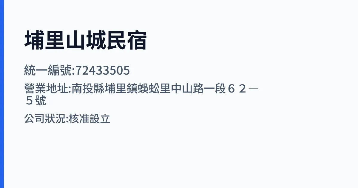 埔里山城民宿 - 統編 72433505(南投縣) 公司登記資料與營業項目詳細圖表