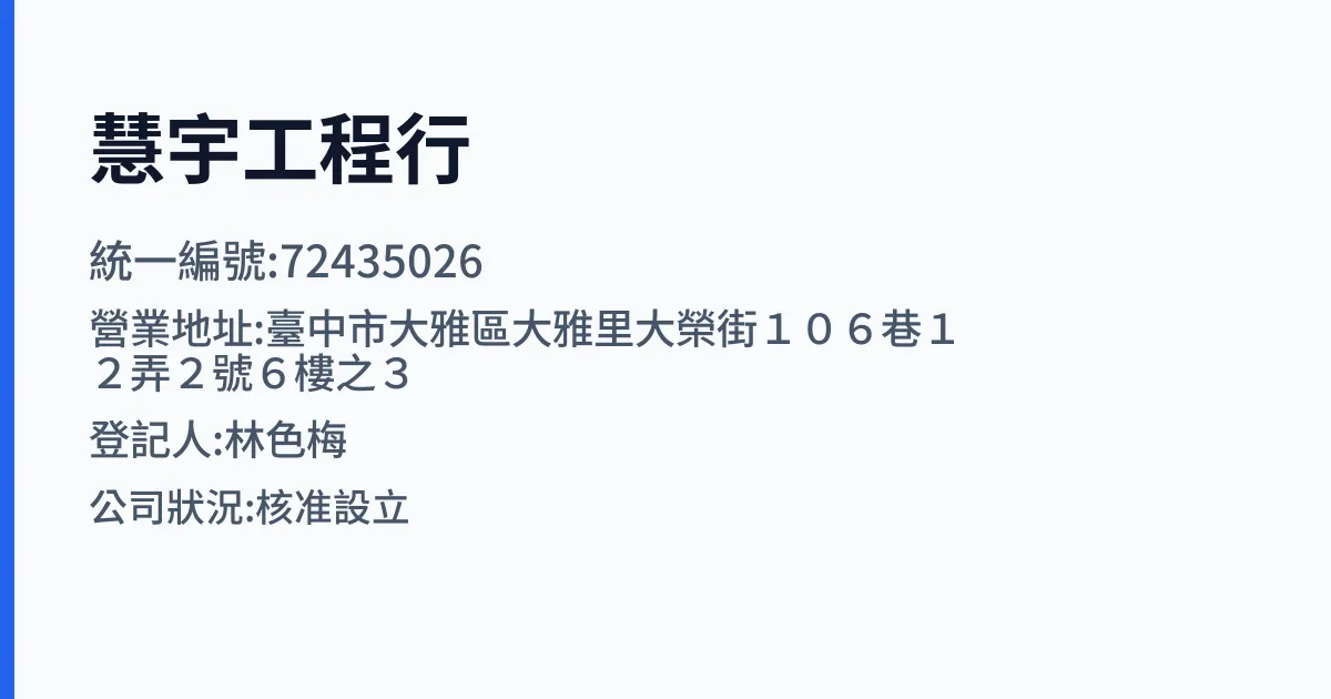 慧宇工程行 - 統編 72435026(臺中市) 公司登記資料與營業項目詳細圖表