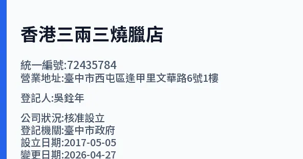香港三兩三燒臘店的照片-統編 72435784(臺中市) 公司登記資料與營業項目詳細圖表