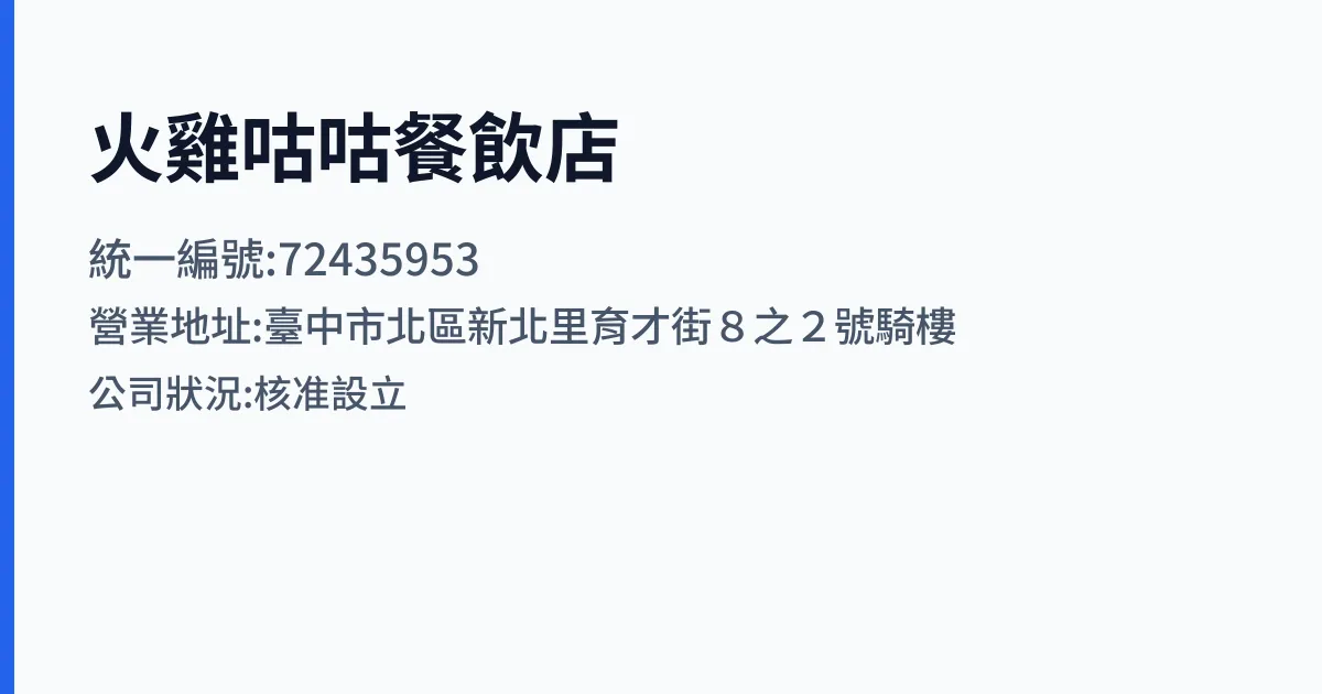 火雞咕咕餐飲店 - 統編 72435953(臺中市) 公司登記資料與營業項目詳細圖表