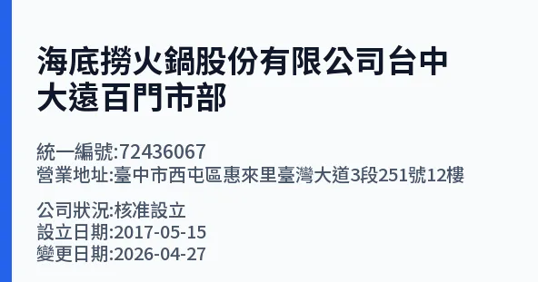 海底撈火鍋股份有限公司台中大遠百門市部的照片-統編 72436067(臺中市) 公司登記資料與營業項目詳細圖表